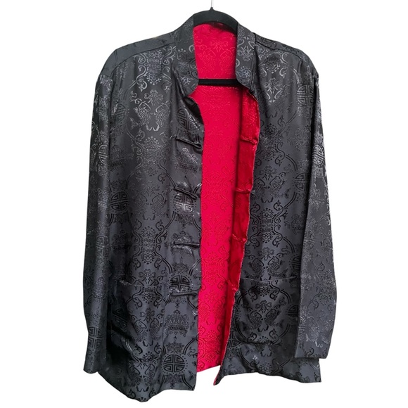 Jackets & Coats | Vintage Black Satin Asian Brocade Jacket Mandarin ...